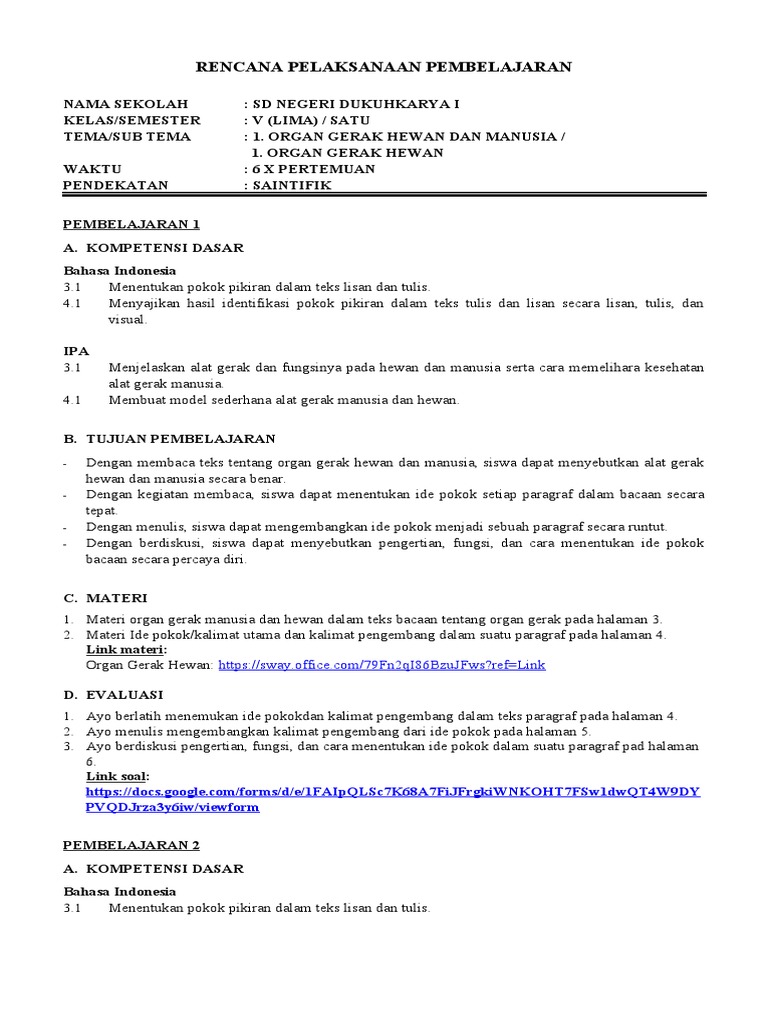 Contoh RPP Kelas 5 Tema 1 Subtema 1 Daring | PDF