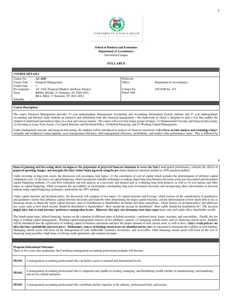 AC 4103 OBEdized Syllabus | PDF | Capital Budgeting | Capital Structure