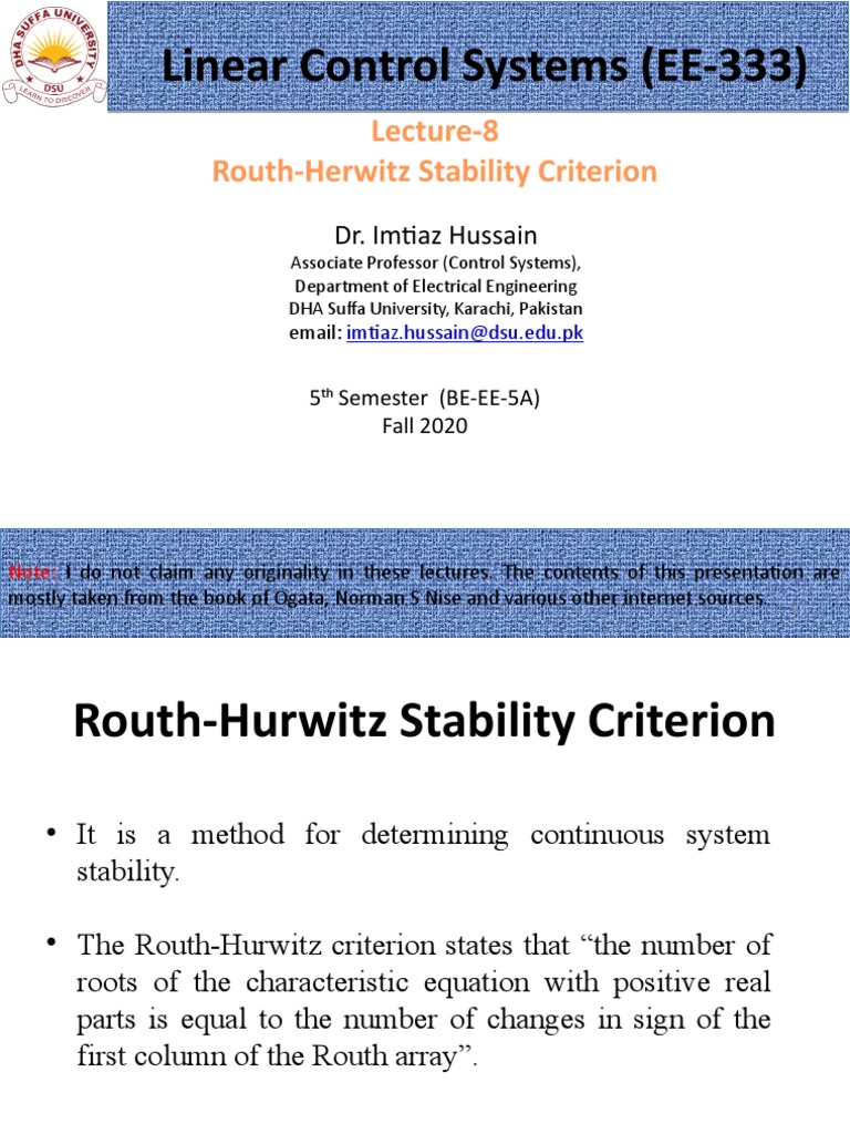 Routh-Hurwitz Stability Criterion Explained | PDF | Stability Theory ...