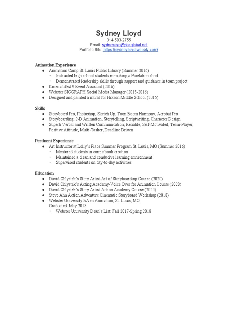 2021 Sydney Lloyds Storyboard Resume | PDF
