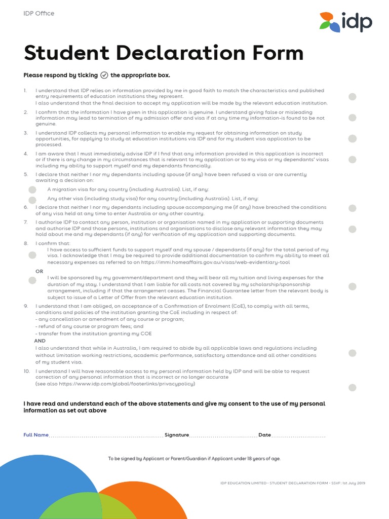 IDP Student Declaration As of 1 July 2019 | PDF | Travel Visa | Government