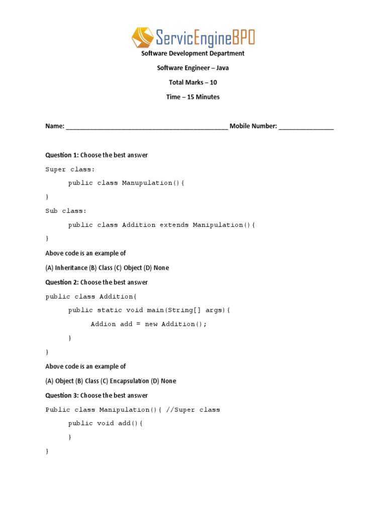 Software Engineer - Java Questions | PDF | Method (Computer Programming) | Class (Computer ...