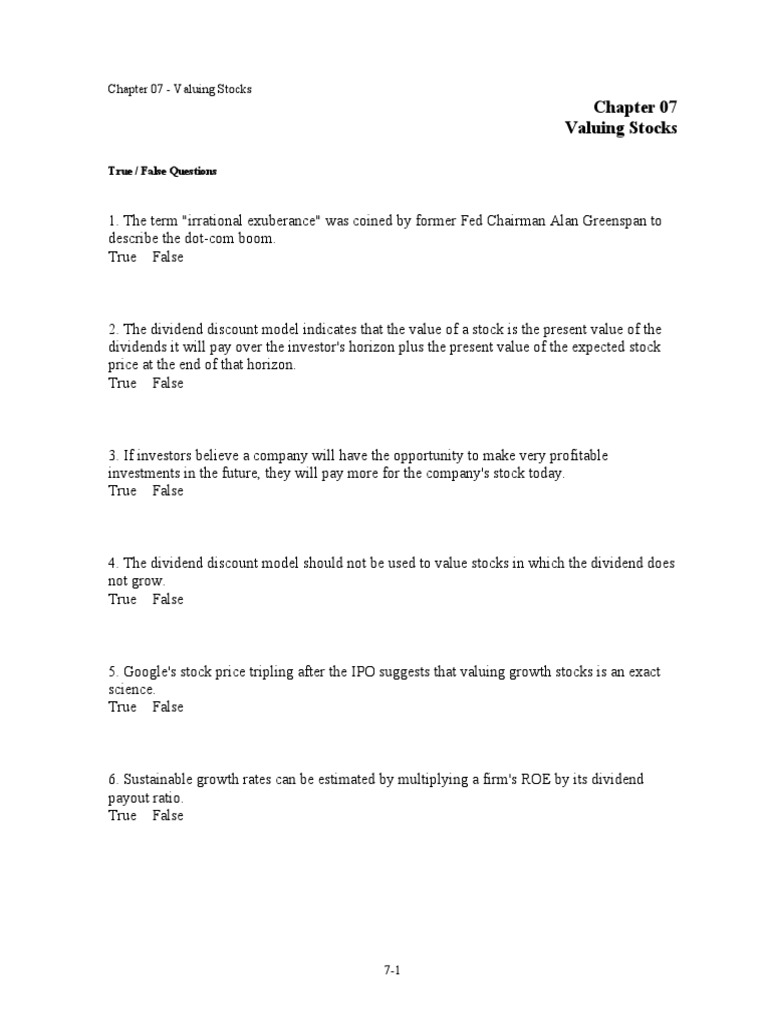 Chapter 7 Test Bank | PDF | Stocks | Dividend