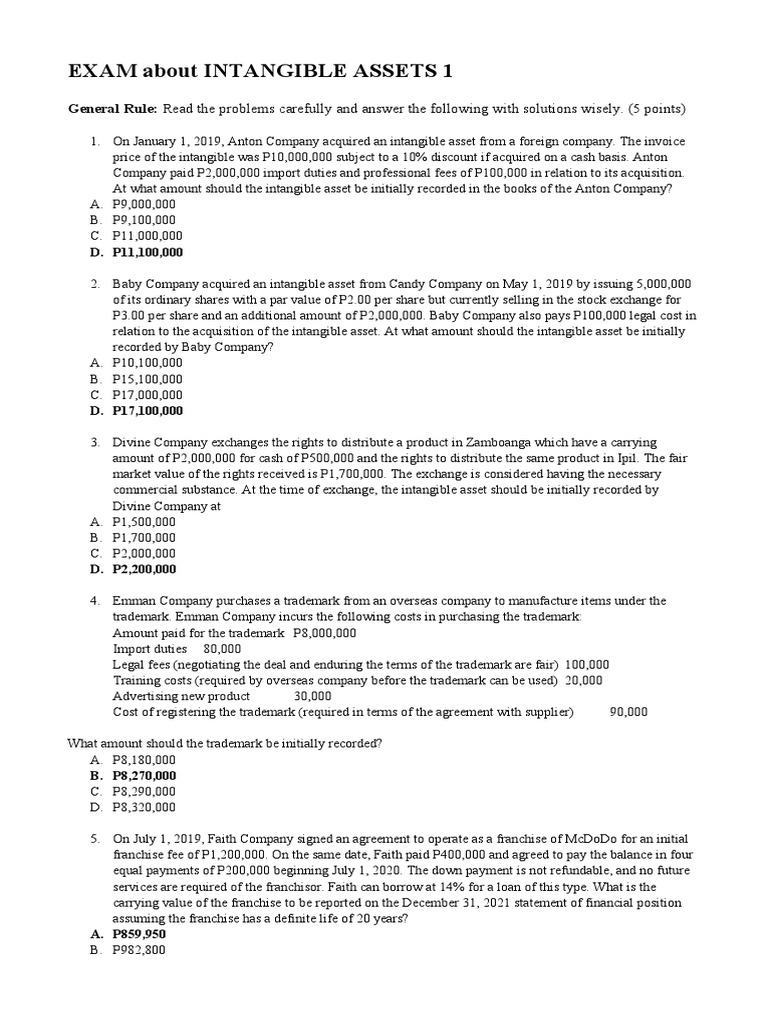 EXAM About INTANGIBLE ASSETS 1 | PDF | Franchising | Intangible Asset