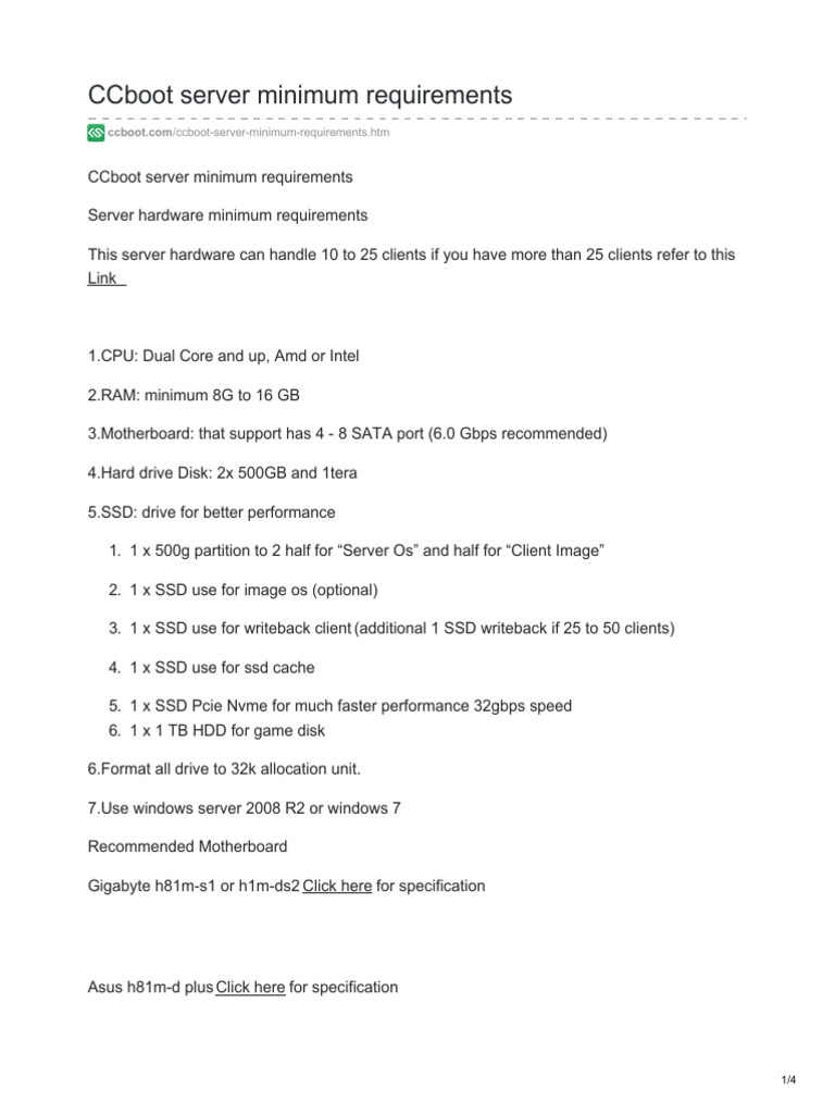 CCboot Server Minimum Requirements | PDF