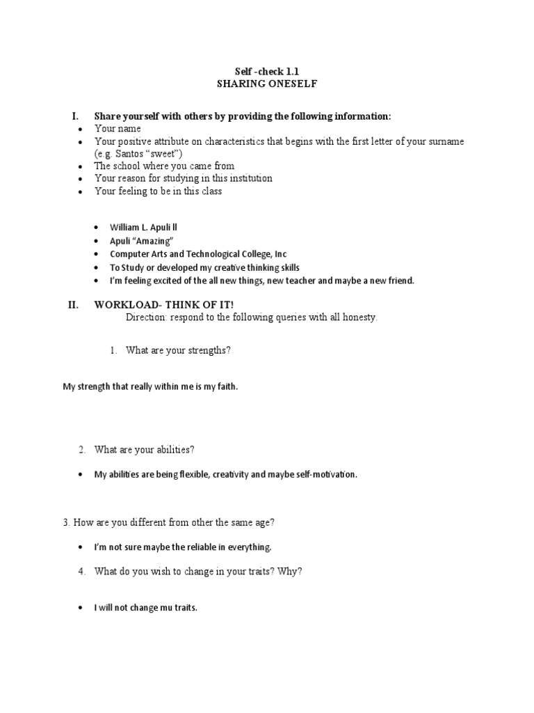 Self - Check 1.1 Sharing Oneself I. Share Yourself With Others by ...