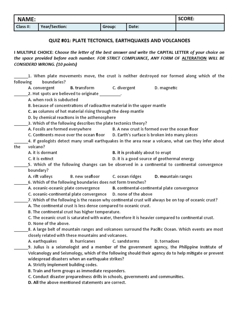 Quiz on Plate Tectonics and Earthquakes | PDF | Plate Tectonics ...
