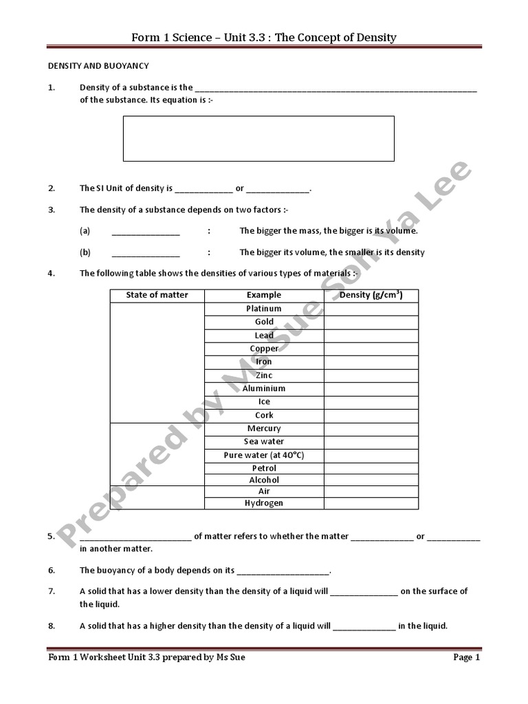 Form 1 Science - Unit 3.3: The Concept of Density | PDF | Density ...