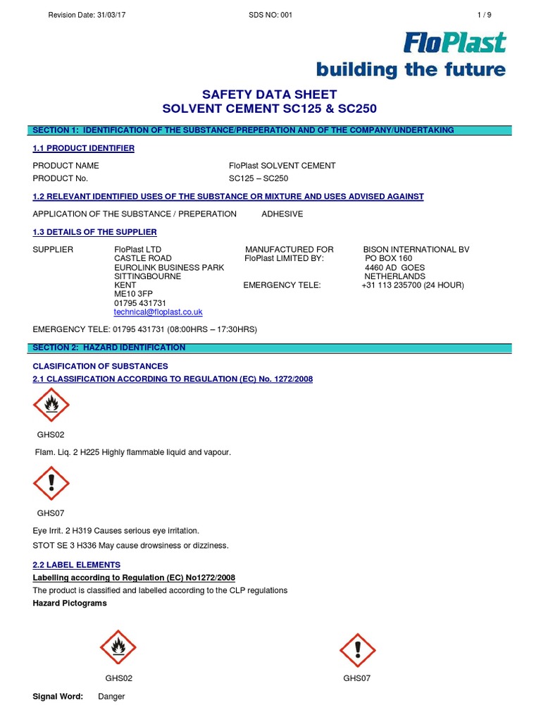 Safety Data Sheet Solvent Cement Sc125 & Sc250: Technical@floplast - Co ...