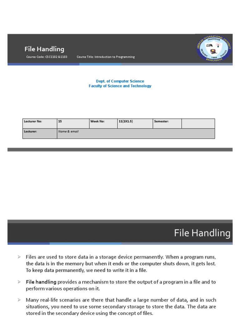 File Handling: Course Code: CSC1102 &1103 Course Title: Introduction To Programming | PDF ...