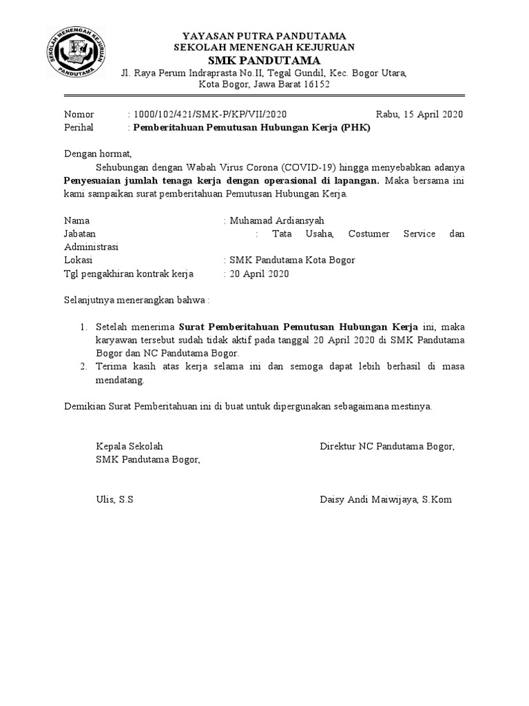 Surat Pemberitahuan Pemutusan Hubungan Kerja (PHK) | PDF