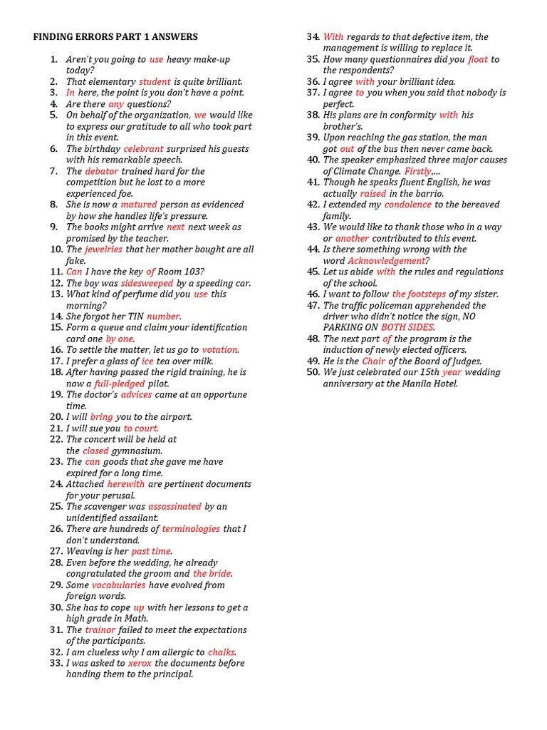 Finding Errors Part 1 Answers | PDF | Wedding