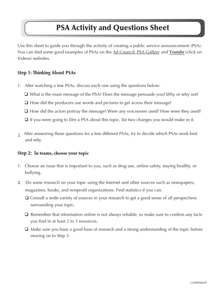 Psa Activity and Questions Sheet: Step 1: Thinking About Psas ...