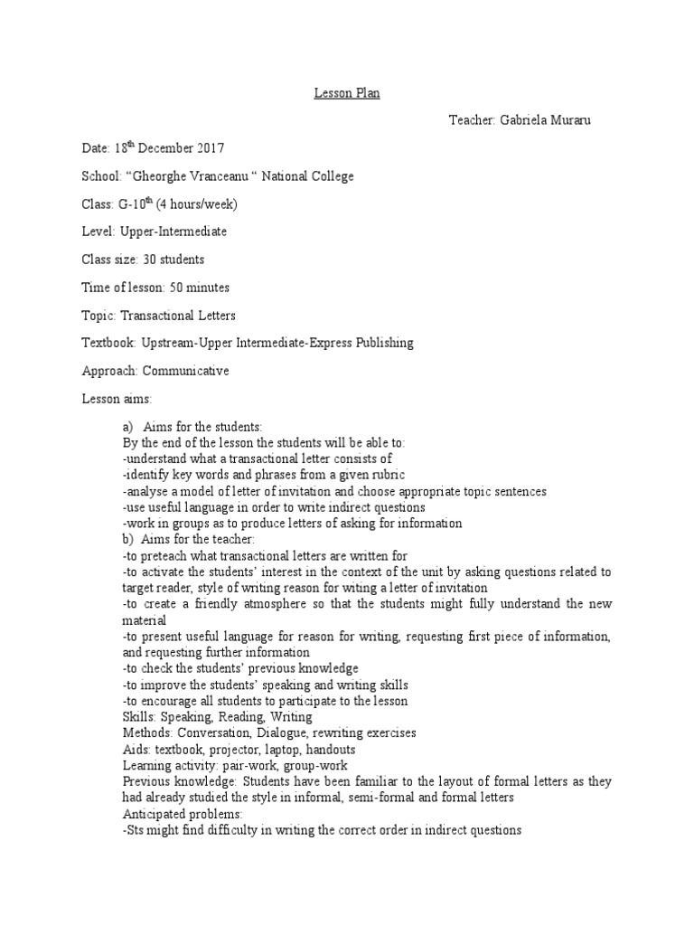 Lesson Plan 10 Transactional Letters | Download Free PDF | Question ...