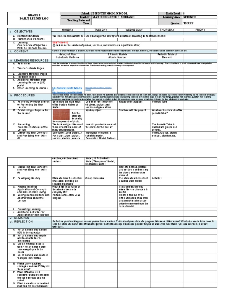 DLL Template For 1 Week | PDF | Atoms | Matter