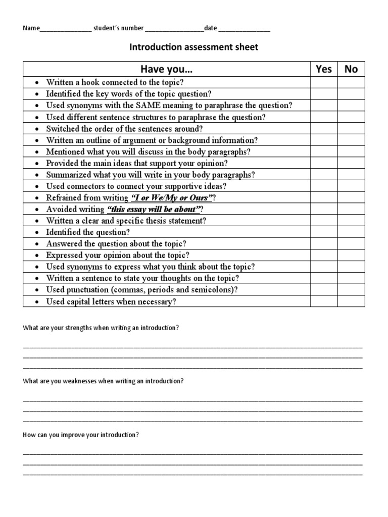 Essay Self-Assessment Sheets | PDF | Question | Paragraph