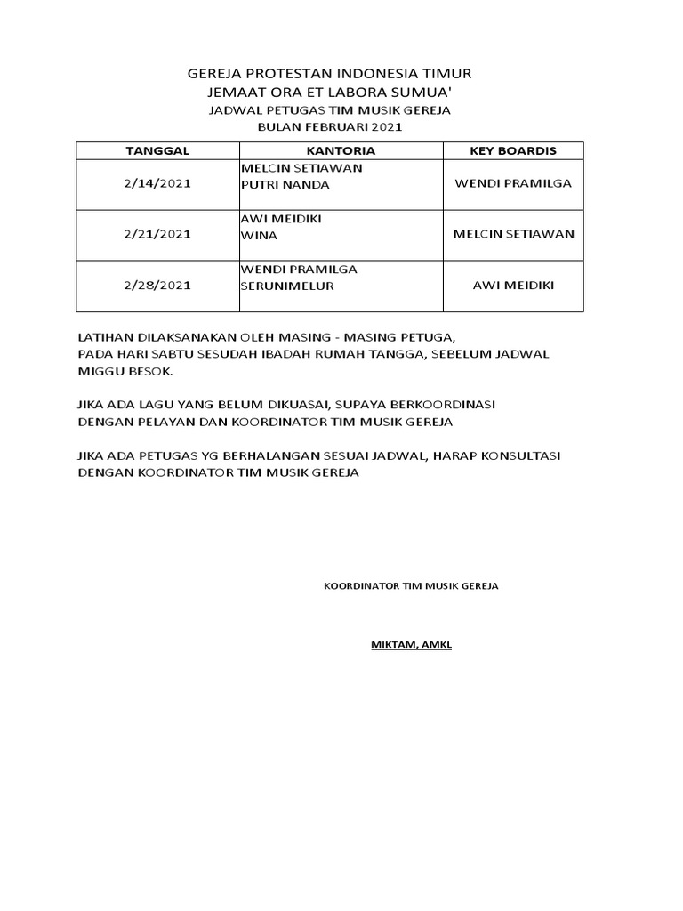 Jadwal Tim Musik | PDF