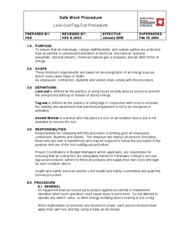 Safe Work Procedure - LOTO (sample) | Mechanical Engineering ...