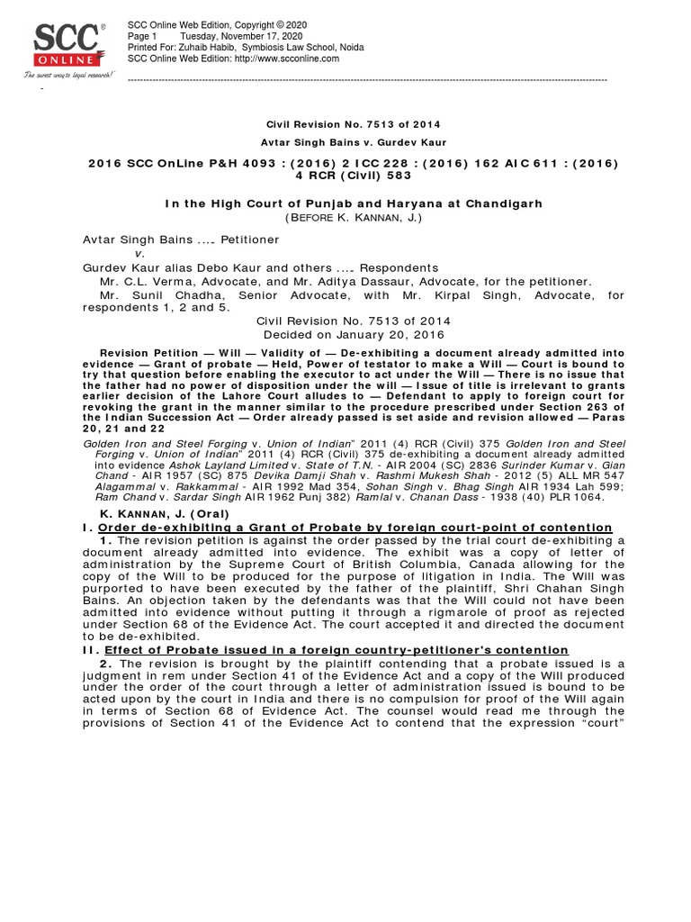 Avtar Singh Bains Case | PDF | Probate | Will And Testament
