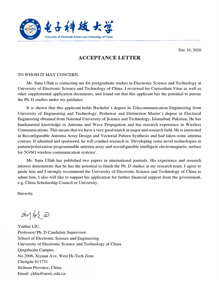Acceptance Letter Sana | PDF