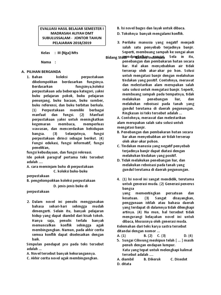 SOAL B IND KELAS 3 MTs | PDF
