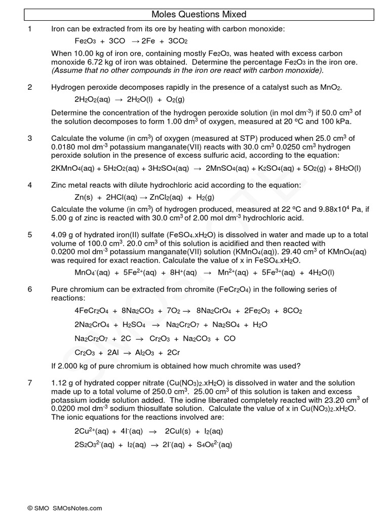 Moles-Questions-Mixed Topic 1 Ib Chemistry Practice | PDF | Mole (Unit ...