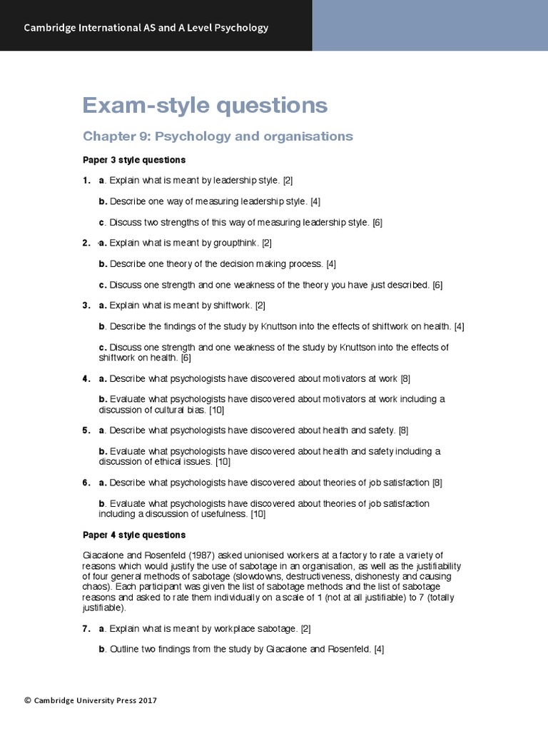 Exam-Style Questions: Chapter 9: Psychology and Organisations | PDF ...