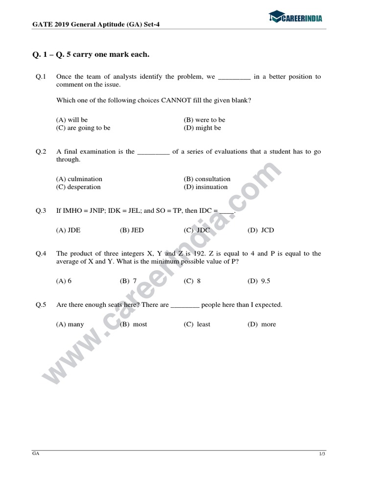 Gate Xe A B C D e F G H Engineering Science Question Paper 2019 1392 ...