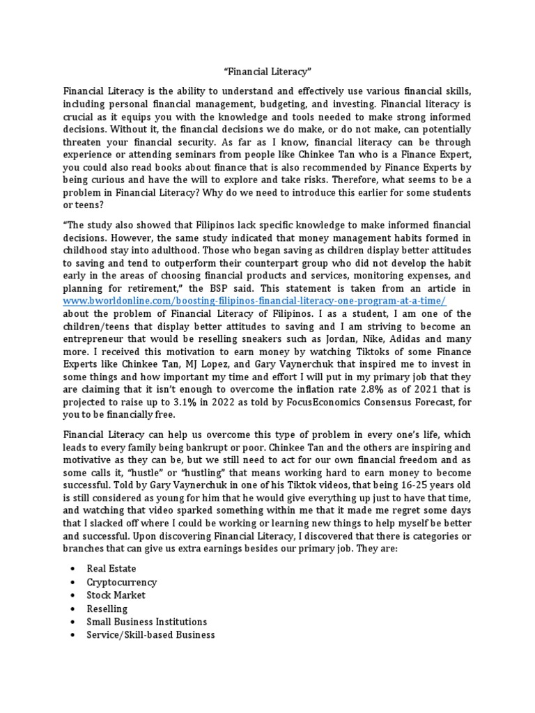 Advocacy Paper Example | PDF | Financial Literacy | Literacy