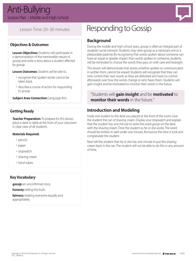 Responding To Gossip: Lesson Time: 20-30 Minutes | Download Free PDF ...