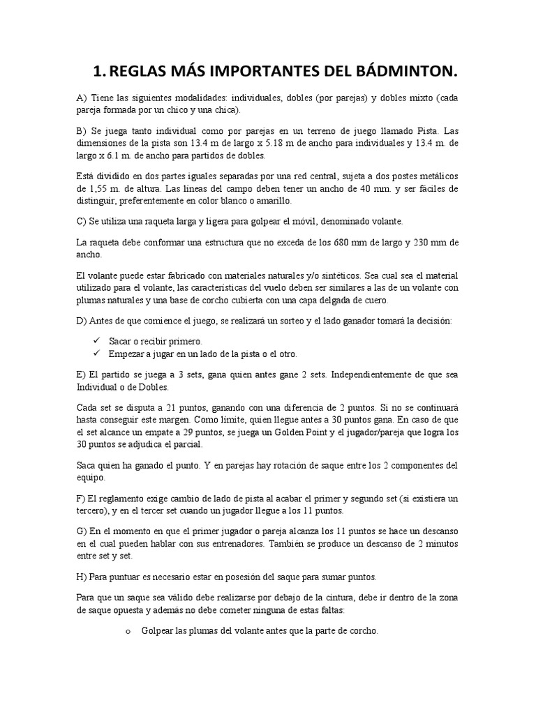 Reglas Mas Importantes Del Badminton | PDF | Deportes | Deportes atléticos