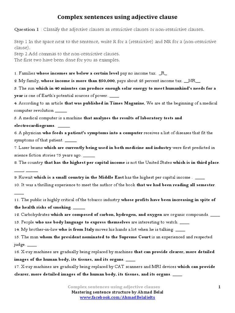 Adjective Clauses in Complex Sentences | PDF | Sentence (Linguistics ...