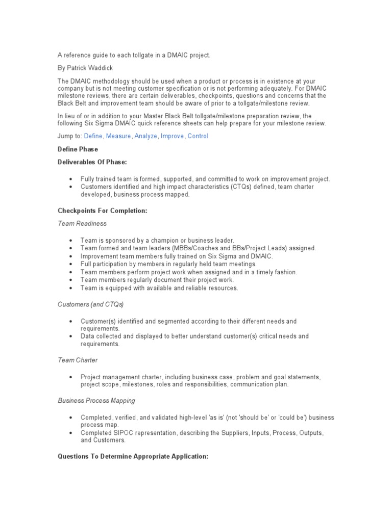 A Reference Guide To Each Tollgate in A DMAIC | PDF | Business Process ...