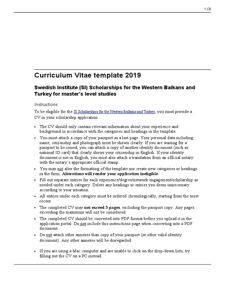 CV Template for Swedish Scholarship | PDF | Identity Document | Passport