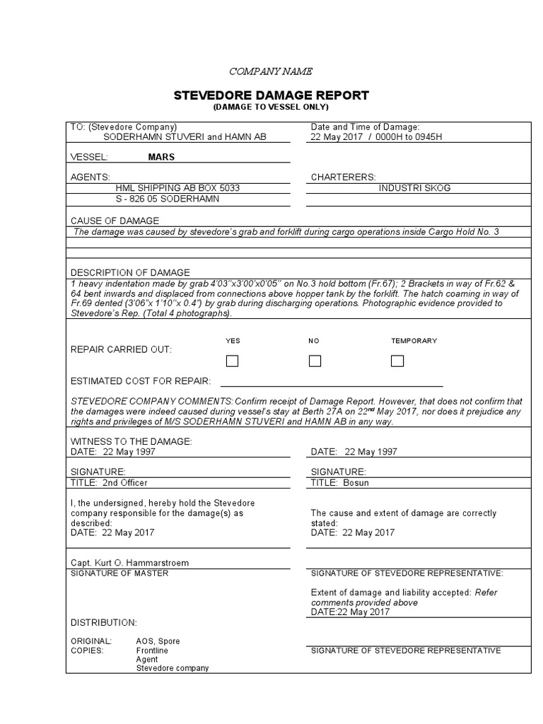 Damage Report Detailing Grabs and Forklifts Causing Indentations and ...