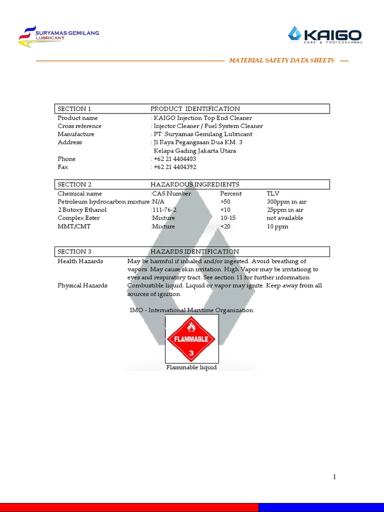 MSDS Kaigo Fuel Injection Cleaner | PDF | Combustion | Fires