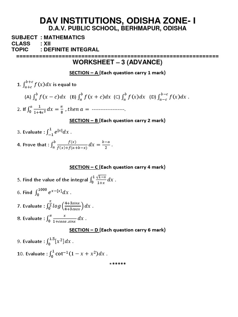 (Advance) Worksheet On Definite Integral | PDF | Calculus ...