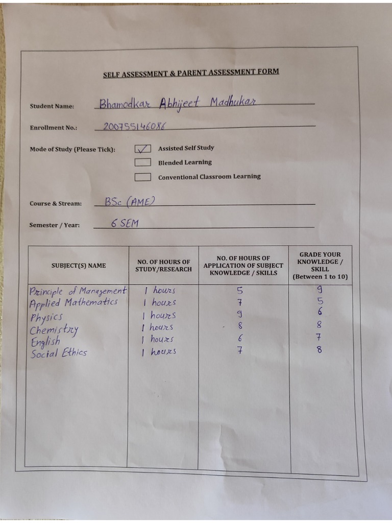 Self & Parent Assessment Form | PDF
