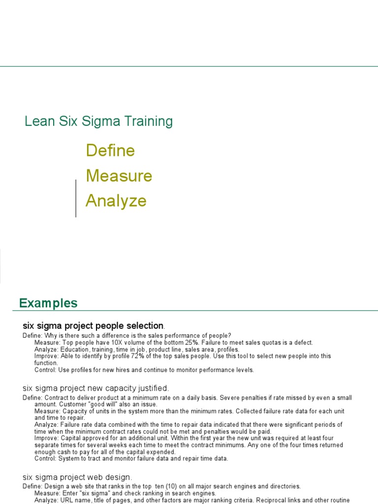 Define Measure Analyze: Lean Six Sigma Training | PDF | Six Sigma | Goal