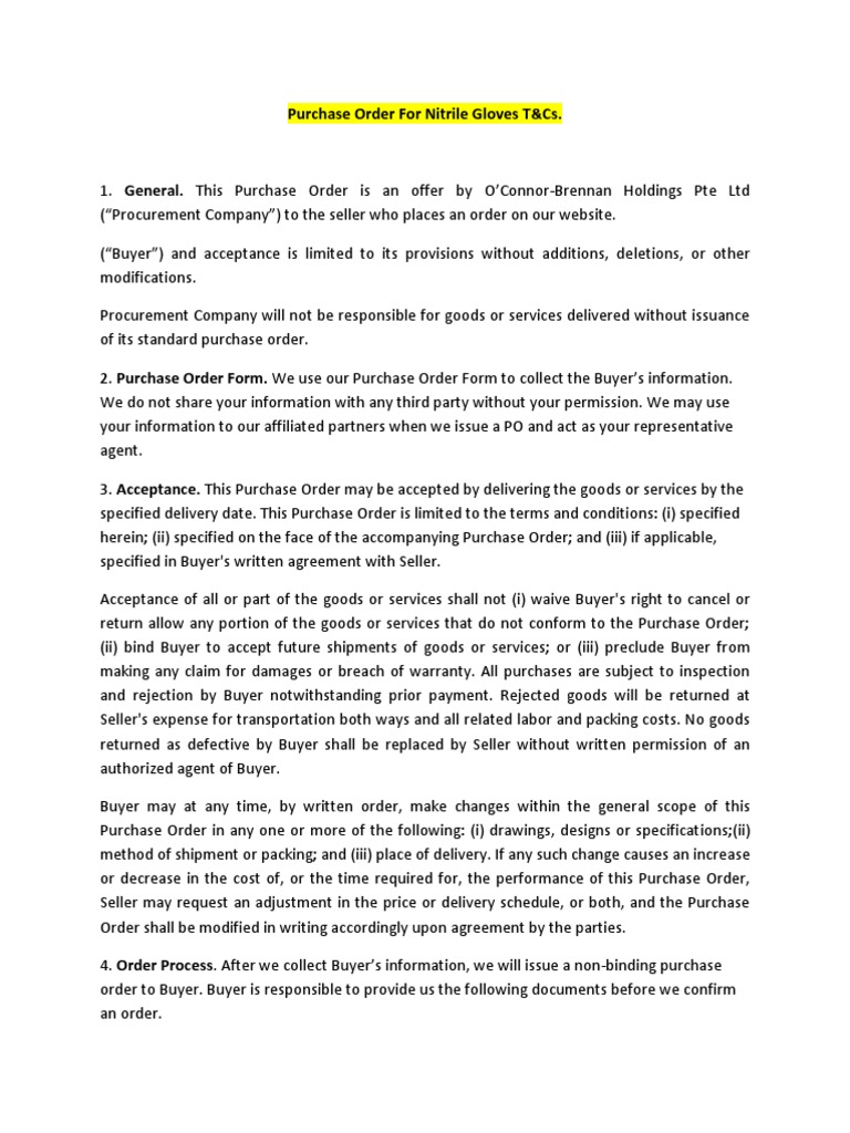 Purchase Order For Nitrile Gloves T&Cs | PDF | Indemnity | Private Law