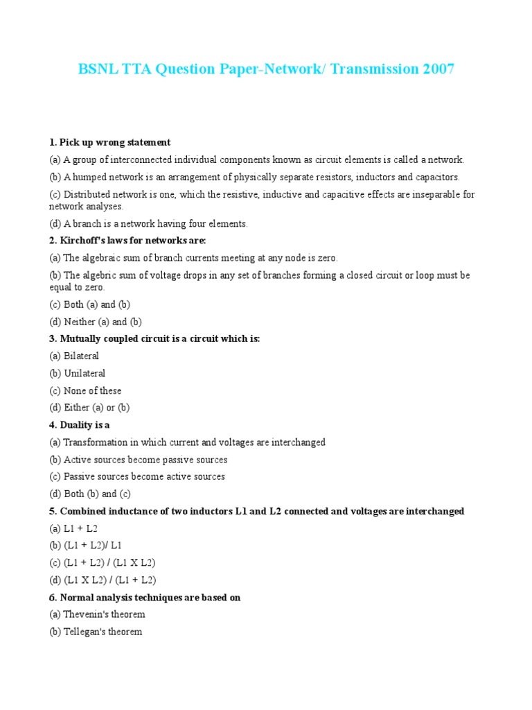 BSNL TTA Network Exam Paper 2007 | PDF | Electrical Network | Transmission Line
