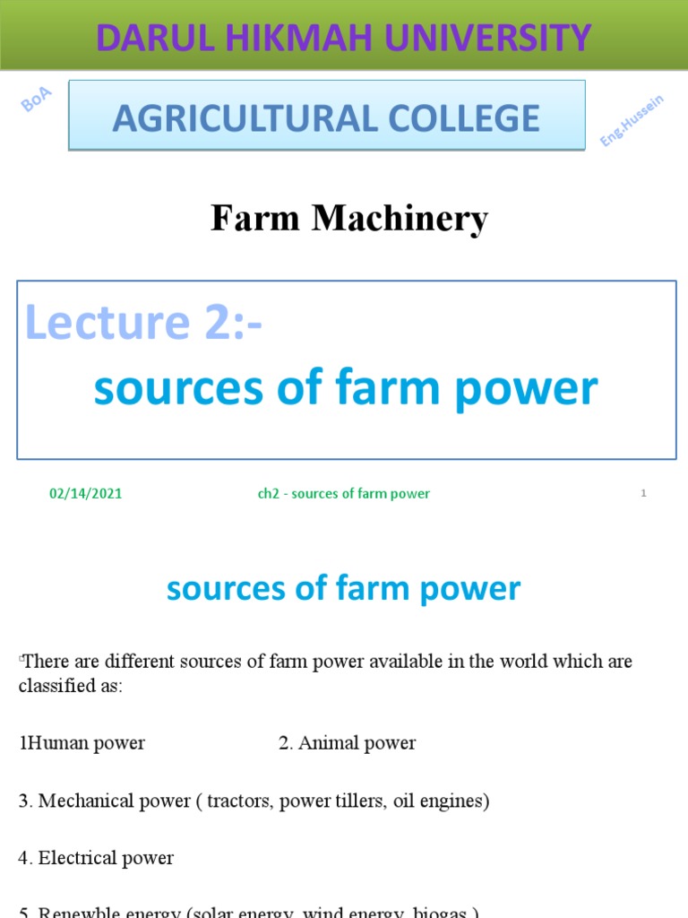 Sources of Farm Power Explained | PDF | Solar Energy | Engines
