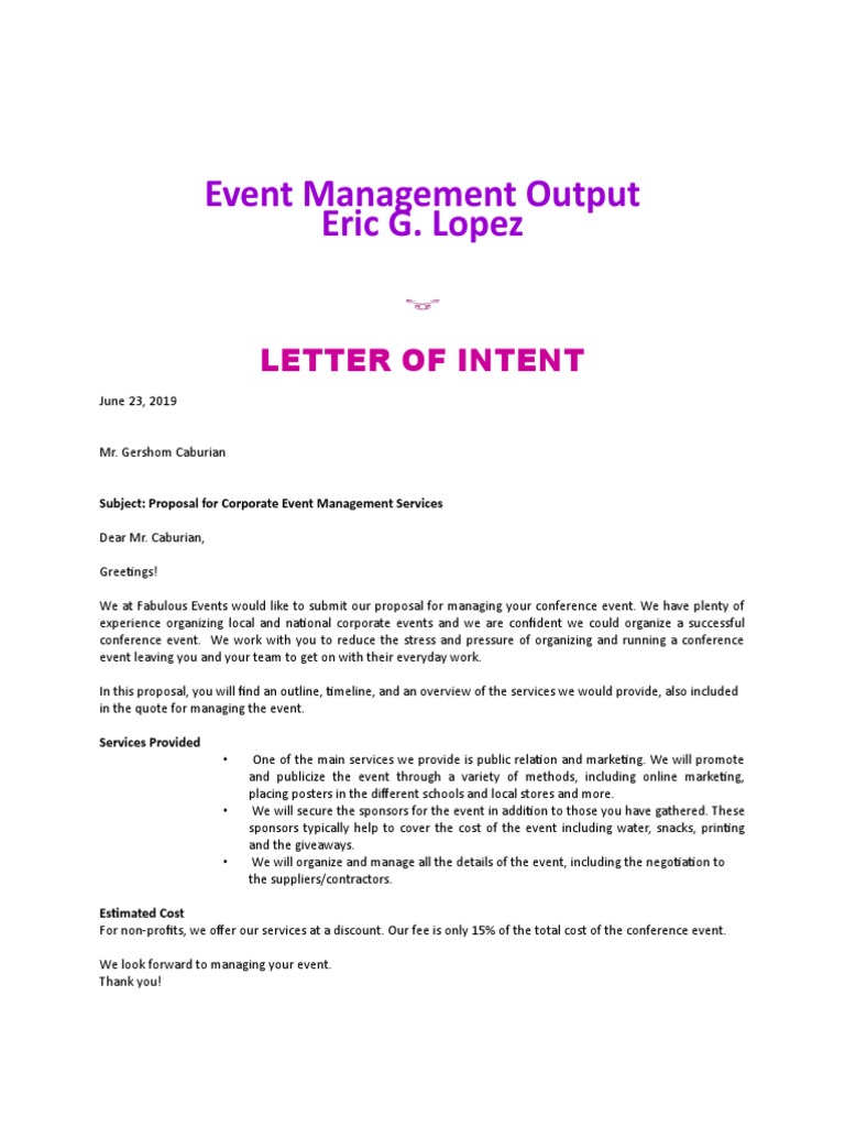 Event Management Output Eric G. Lopez: Letter of Intent | PDF | Business