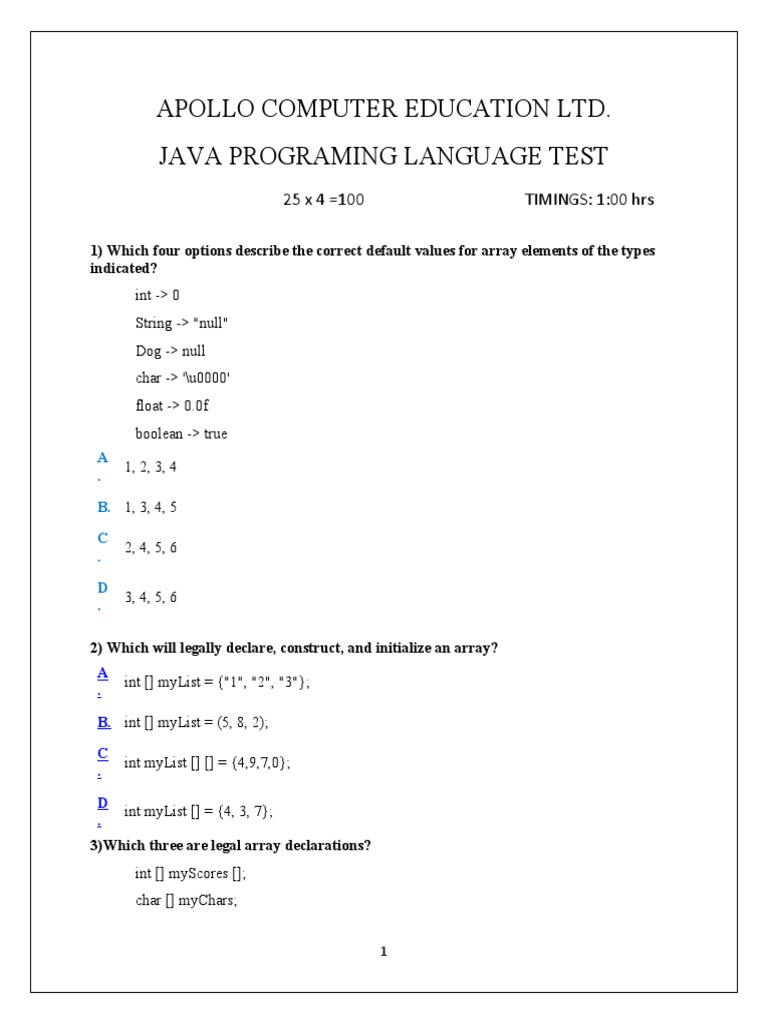 Apollo Computer Education Ltd Java Programing Language Test Download Free Pdf Array Data