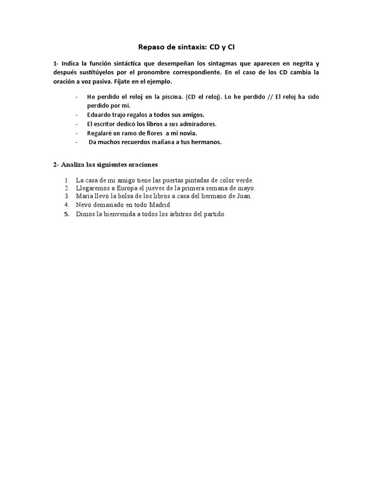 Repaso de Sintaxis: CD y CI: 2-Analiza Las Siguientes Oraciones | PDF