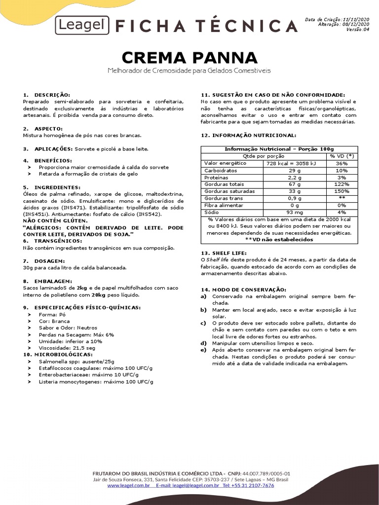 FICHA TECNICA - Crema Panna | PDF | Sorvete | Leite