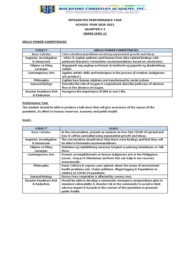 Integrated Performance Task - Grade 12 - Revised | PDF | Philippines ...