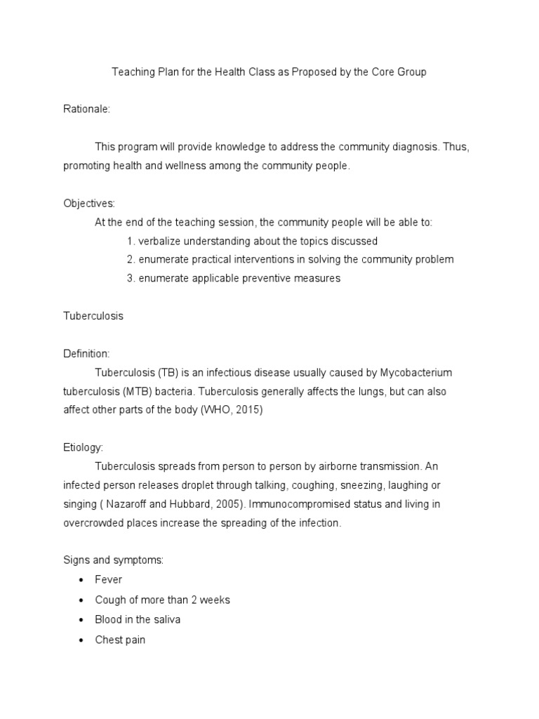 Teaching Plan for Health Class | PDF | Tuberculosis | Waste