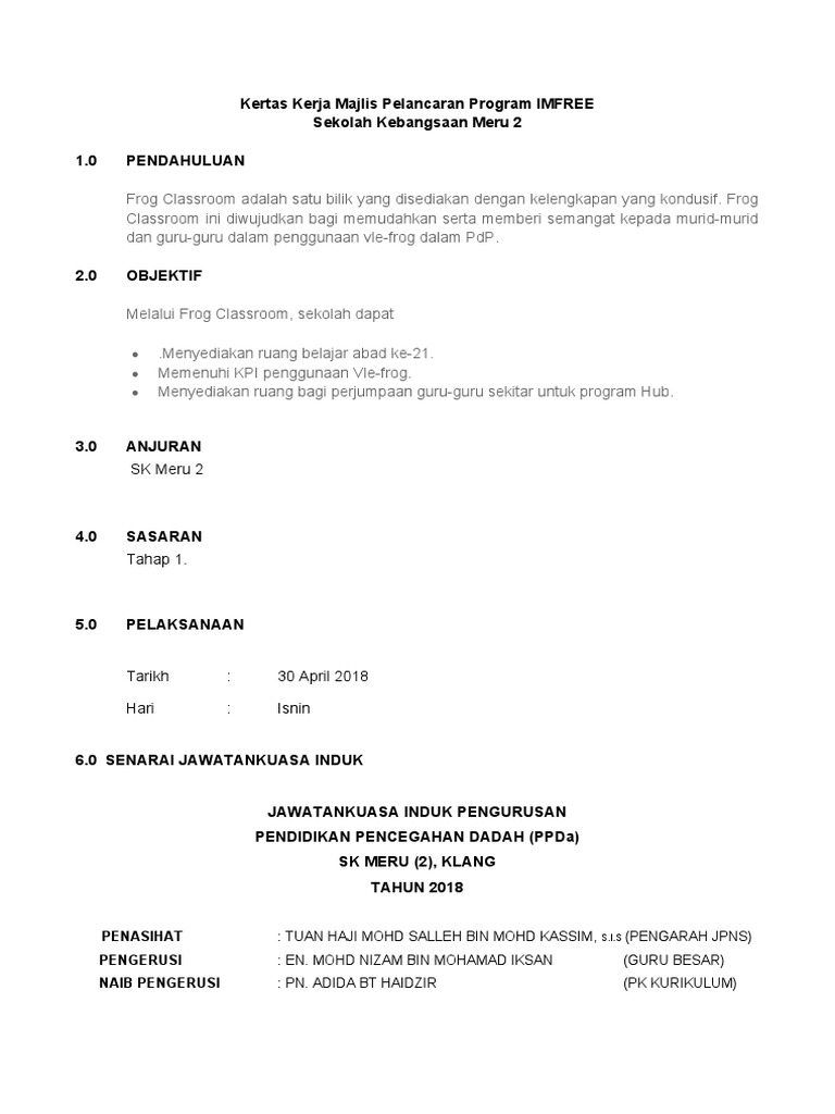 Kertas Kerja Pelancaran Imfree 2018 | PDF
