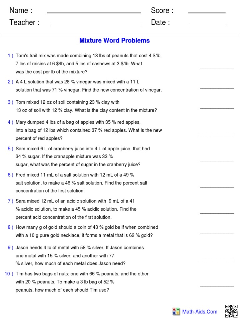 Name Teacher Date Score Mixture Word Problems PDF Gold Vinegar
